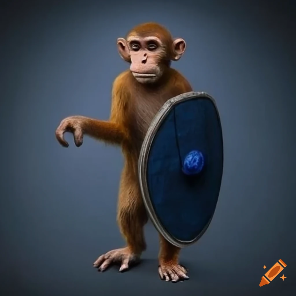 Realistic viking monkey with a dark blue wooden gem shield on Craiyon