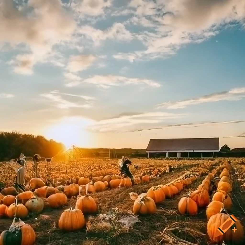 Pumpkin patch on the outskirts of a farm with soft lighting, raw ...