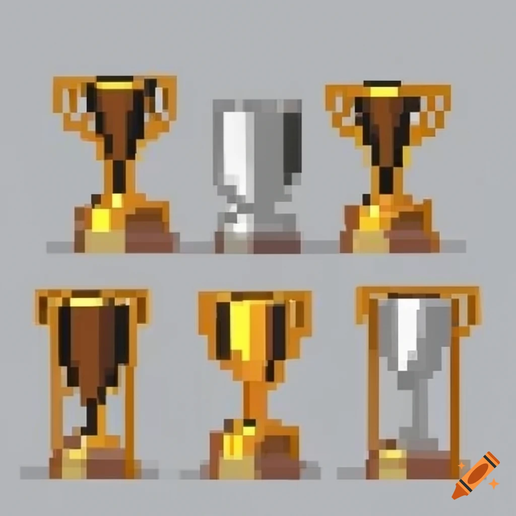 Pixel art bronze, silver, and gold trophies on white background on Craiyon