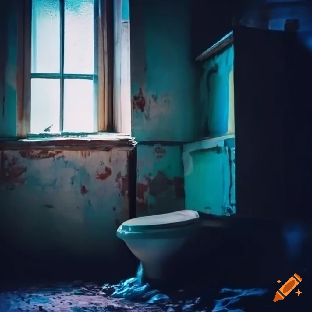 Dirty toilet in a run-down institutional bathroom at dusk on Craiyon