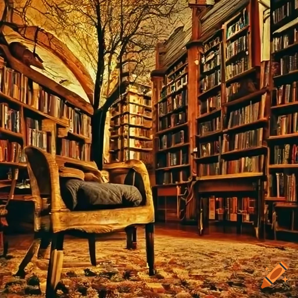 Cozy fall library nestled in nature with warm colors and overstuffed ...