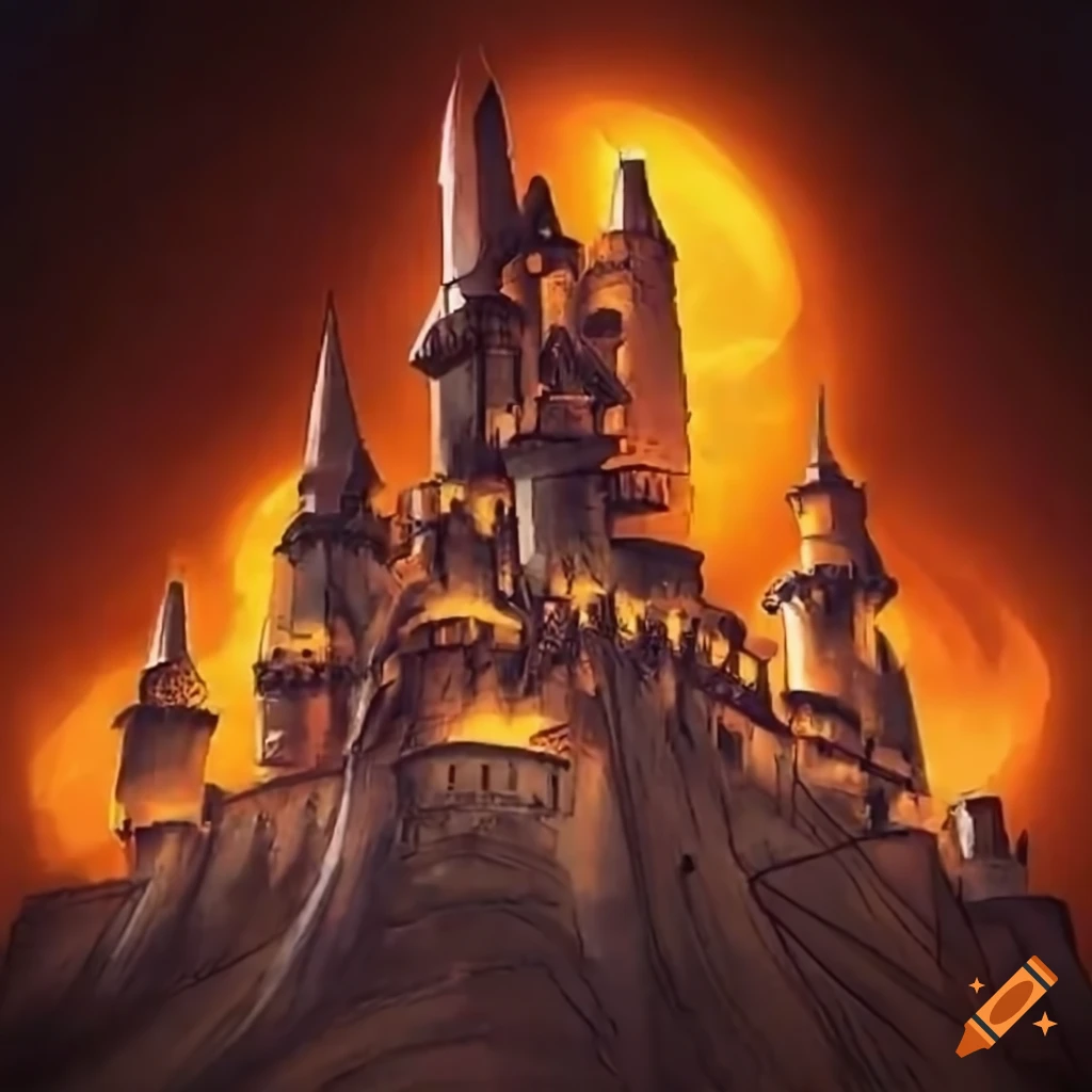 Medieval castle engulfed in flames in a medieval city on Craiyon