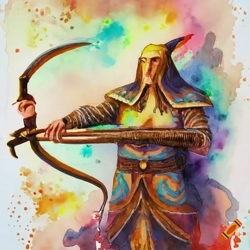 Wizard warrior meditating with a falcon, sword, and bow on Craiyon