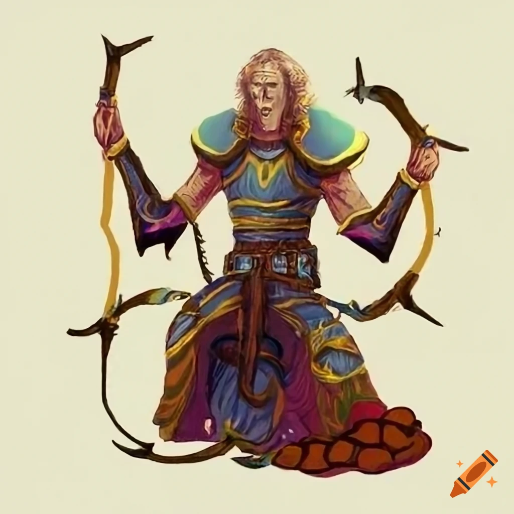 Wizard warrior meditating with a falcon, sword, and bow in a magical ...