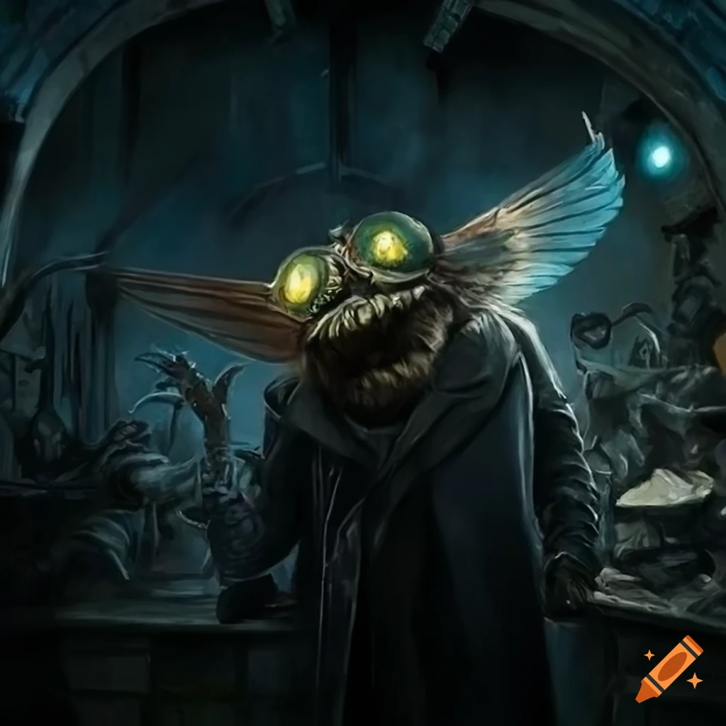 Creepy fly monster in a destroyed laboratory wearing a lab coat on Craiyon