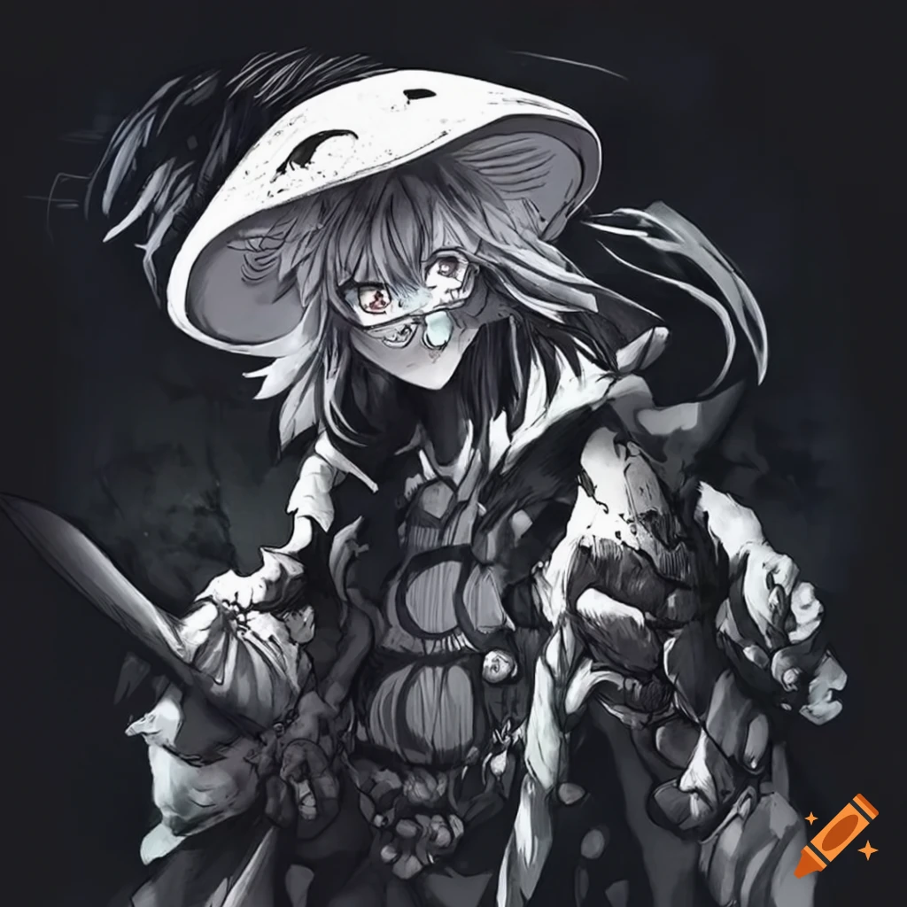 Mushroom man prepared for battle in anime manga style on Craiyon