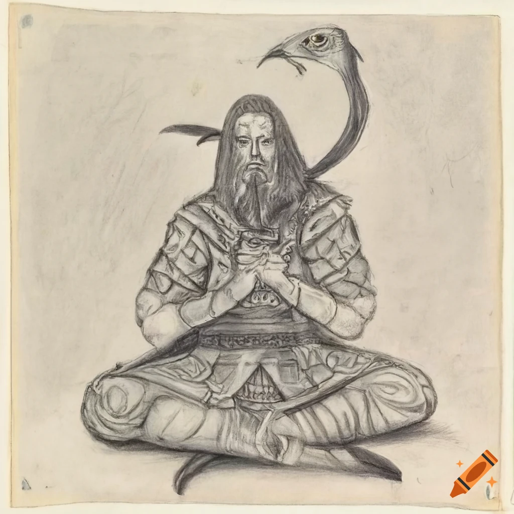 Wizard warrior meditating with a falcon and sword in a magical setting ...