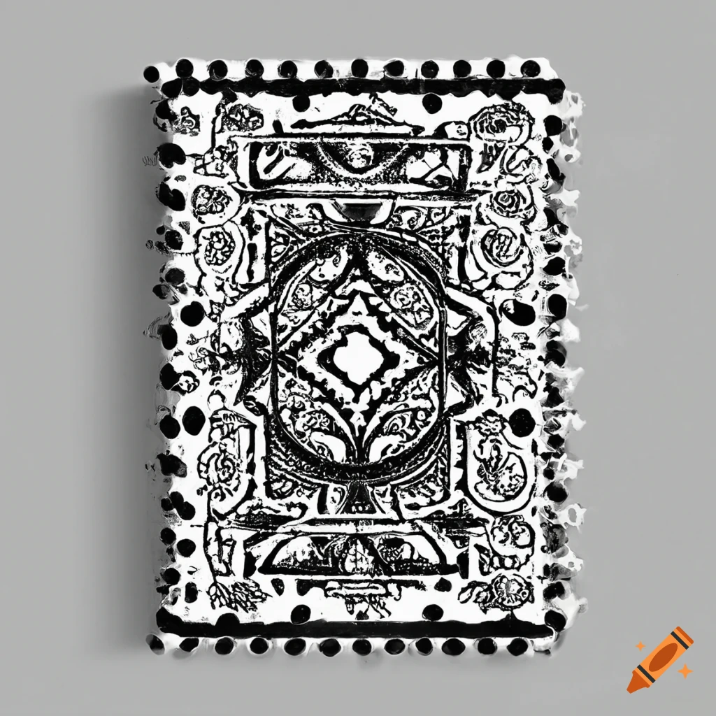 Traditional Bornean tribal designs on rectangular postal stamp in black ...