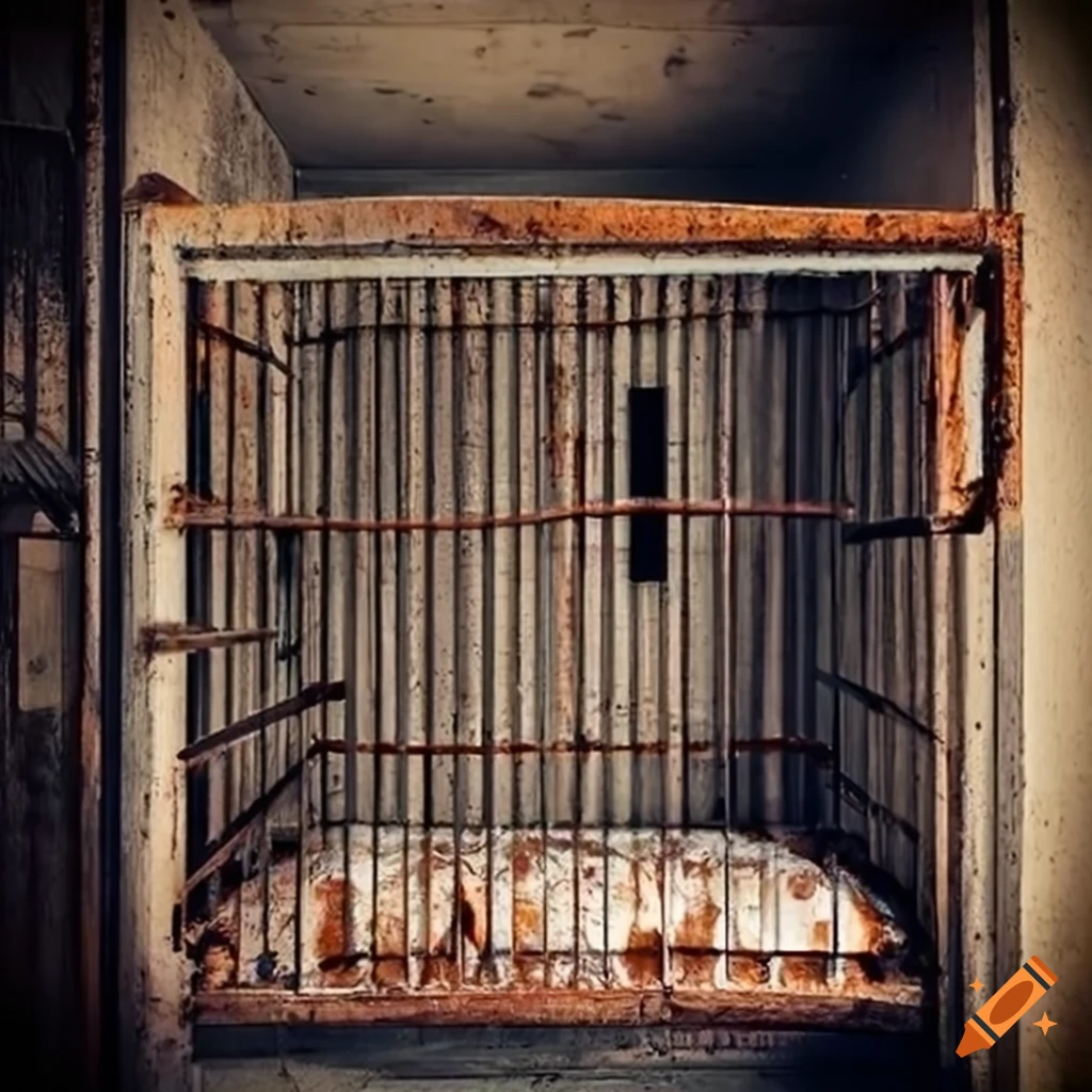 Prison cell decor with bed and rusty bars in a cube setup on Craiyon