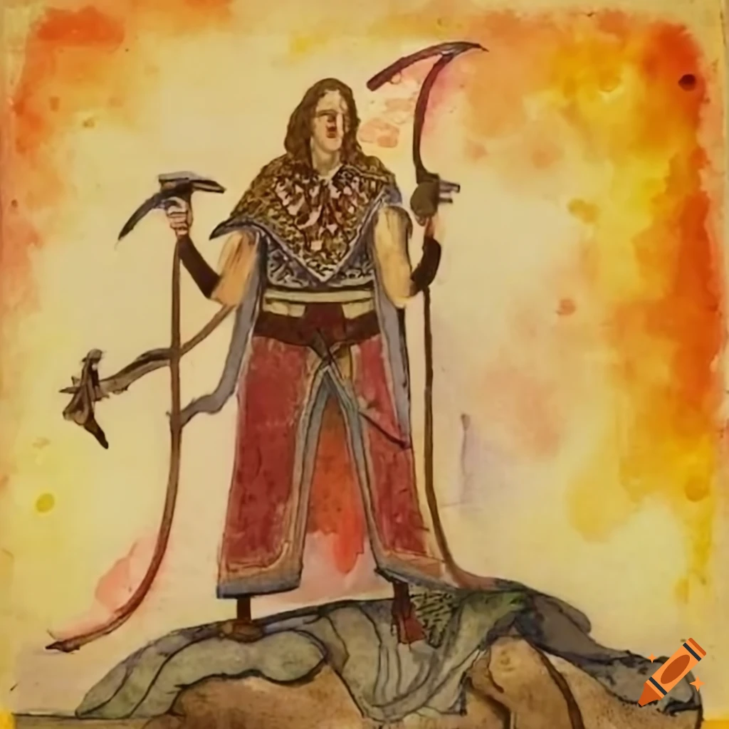 Wizard warrior meditating with a falcon, sword, and bow in a mystical ...