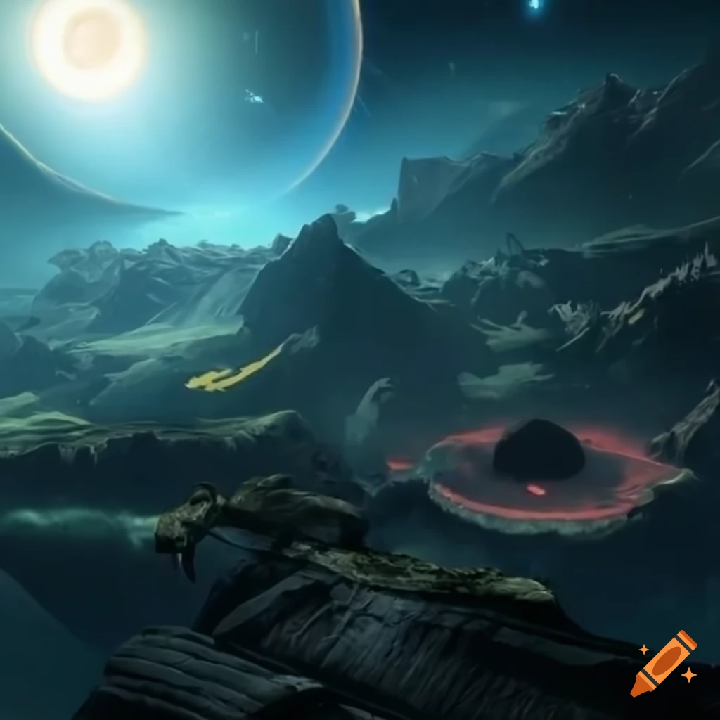 Paysage panoramique d'une planète rocheuse avec un terrain accidenté et ...