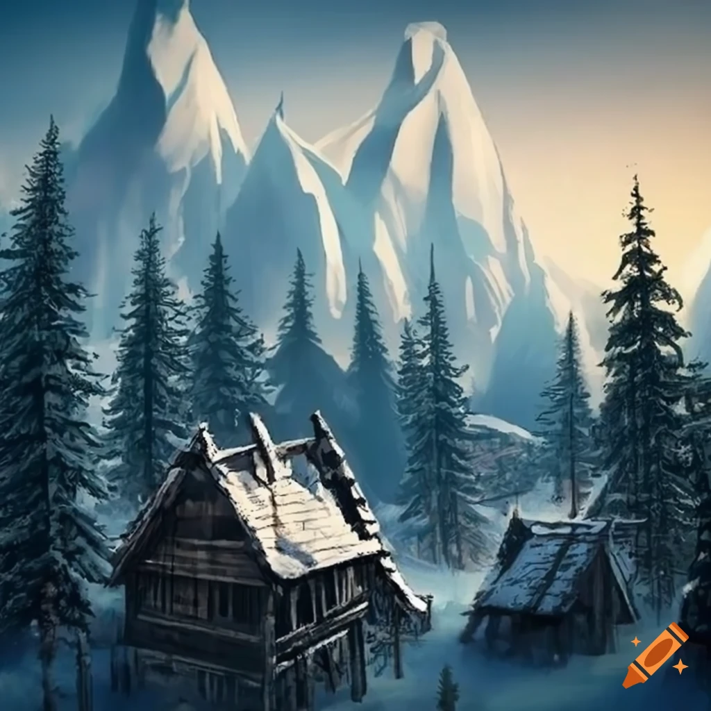 Snowy mountains and pine forest in a medieval logging settlement on Craiyon
