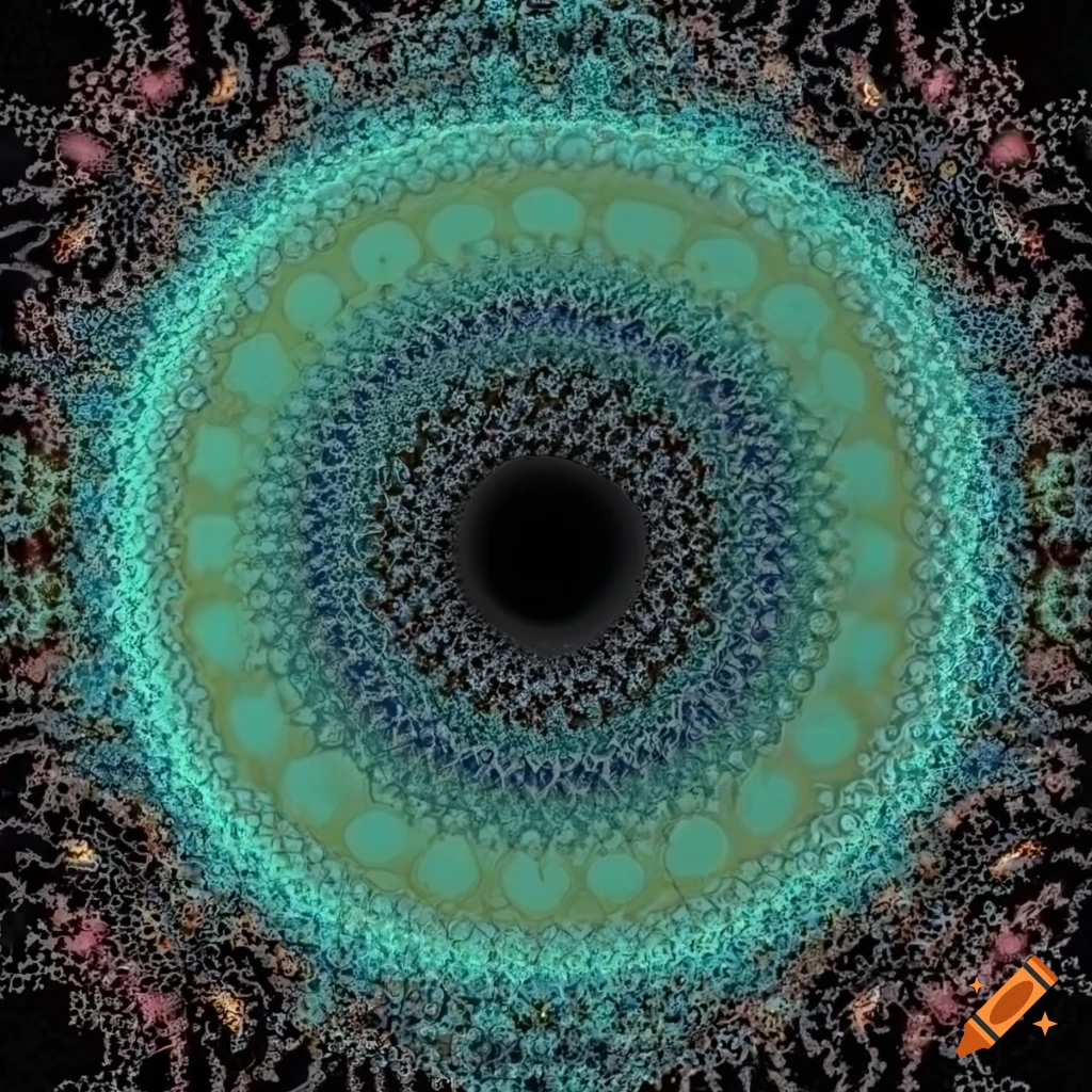 Fractal tiling with geometric shapes in verdigris, ochre, and black on ...