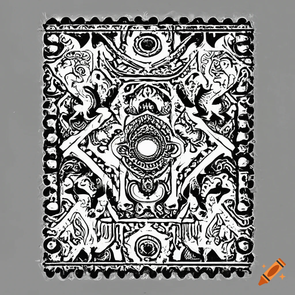 Traditional Bornean tribal designs on rectangular postal stamp in black ...