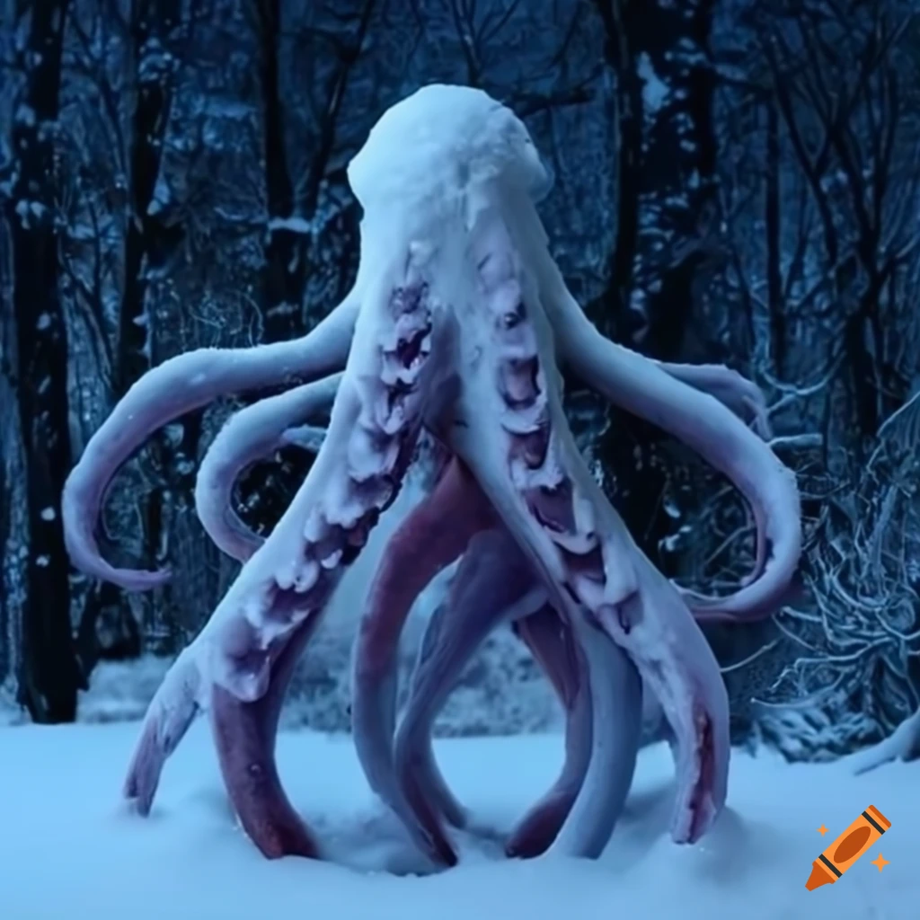 Fantasy monster covered in snow with tentacles and a large beak on Craiyon
