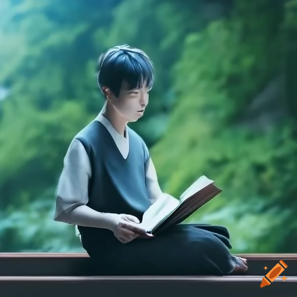 Japanese sensei reading a book in a traditional setting on Craiyon