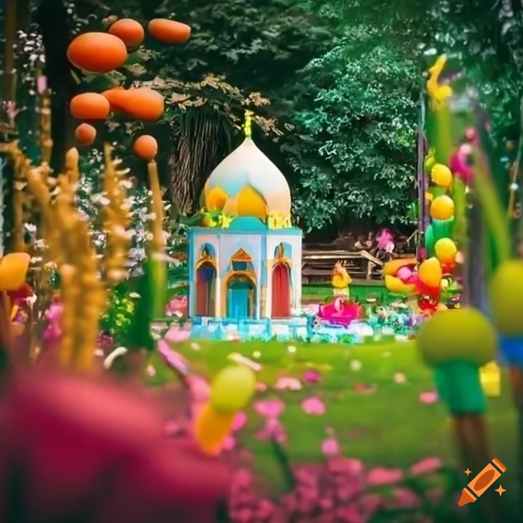 Colorful balloon installation in a lush garden with a toy mosque on Craiyon