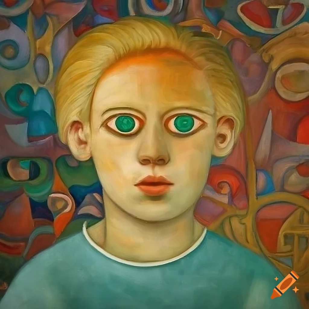 Portrait of a man with 4 eyes in diego rivera style with circle motifs ...