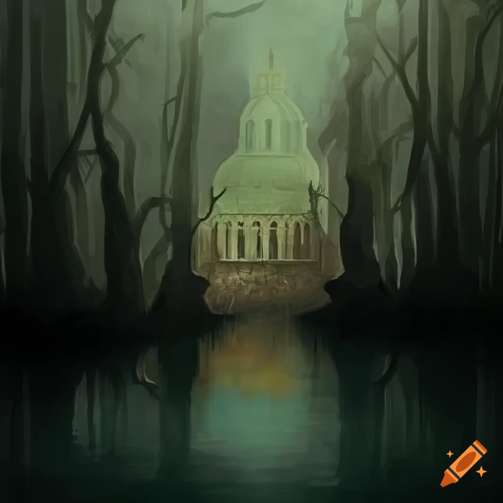 Dome of church sinking into swamp in imaginative fine art on Craiyon