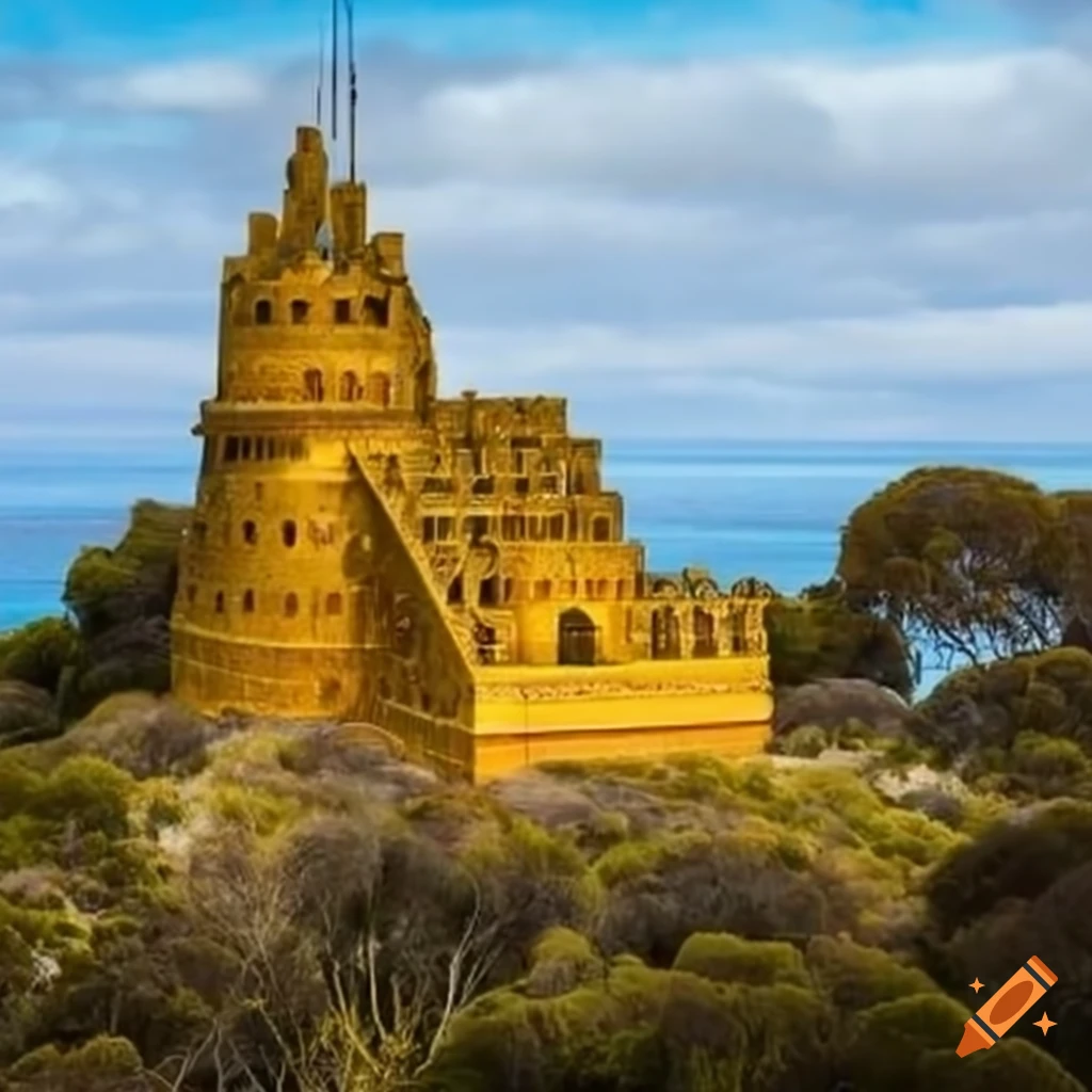 Tiny gold castle in the wavy ocean of australia on Craiyon