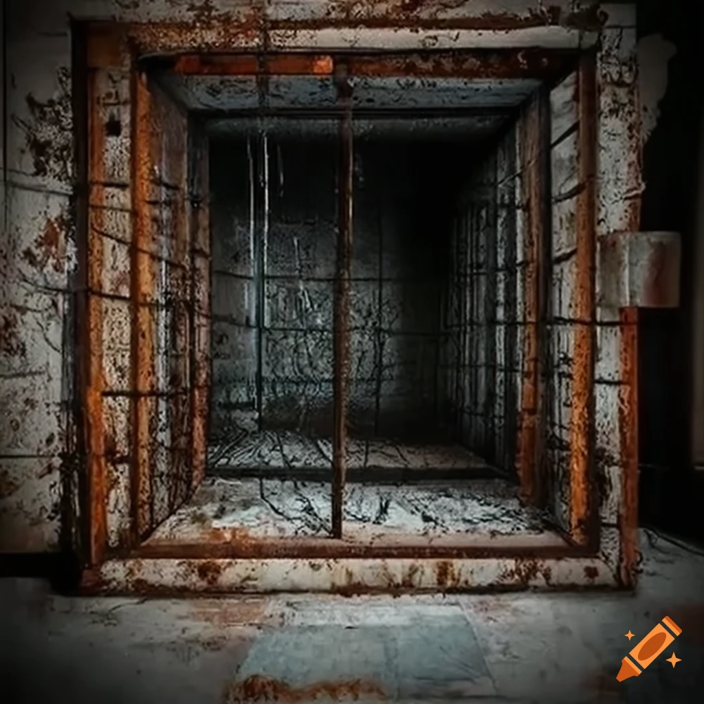 Prison cell decor inside a cube with a bed and rusty bars, mixed with ...