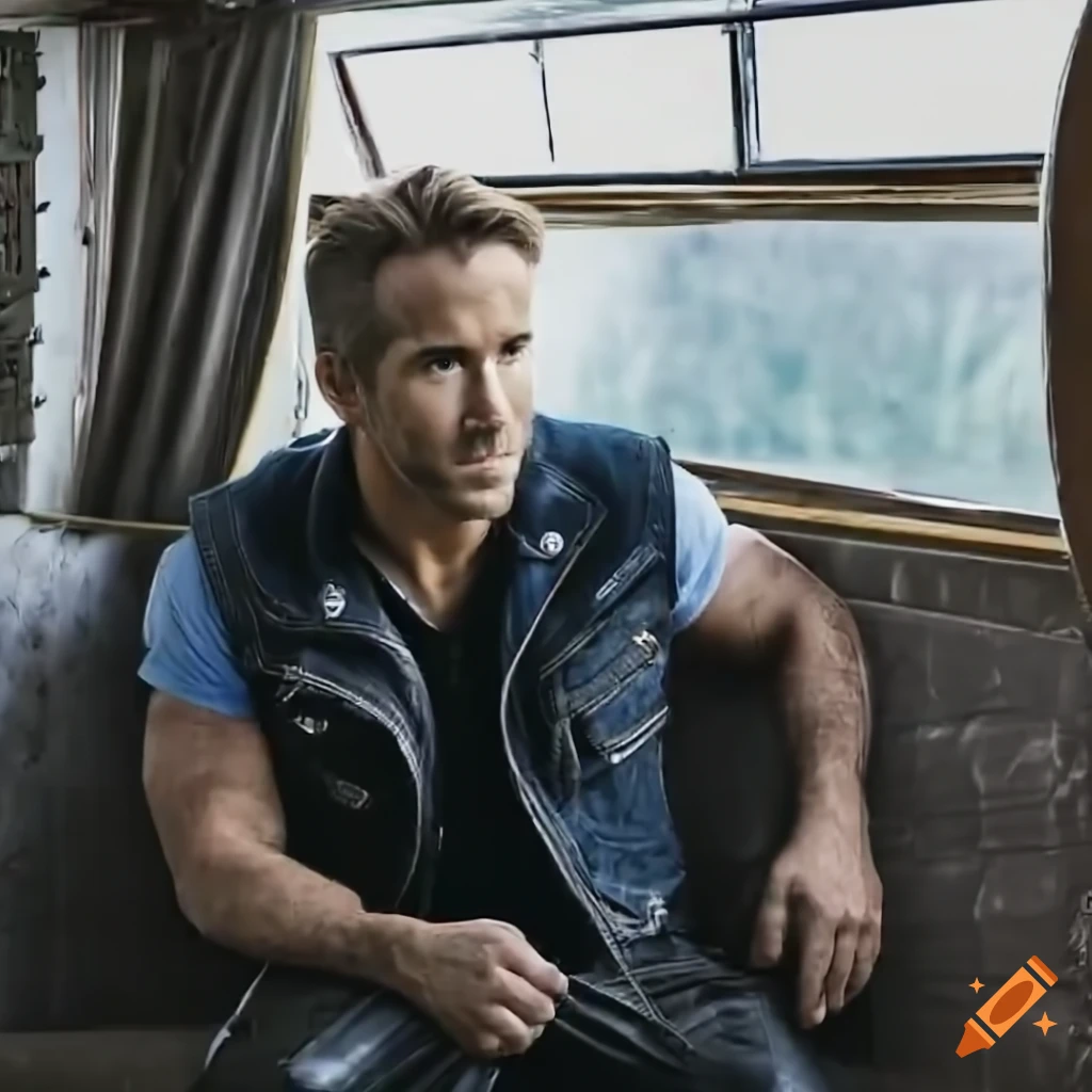 Elegant young man in sleeveless denim jacket and black leather trousers ...