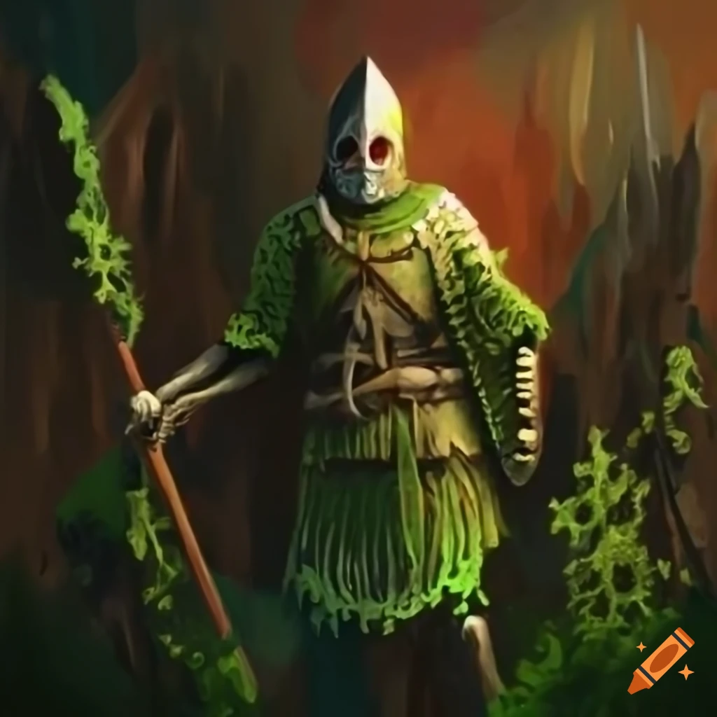 Medieval skeleton guard with moss-covered spear and glowing red eyes in ...