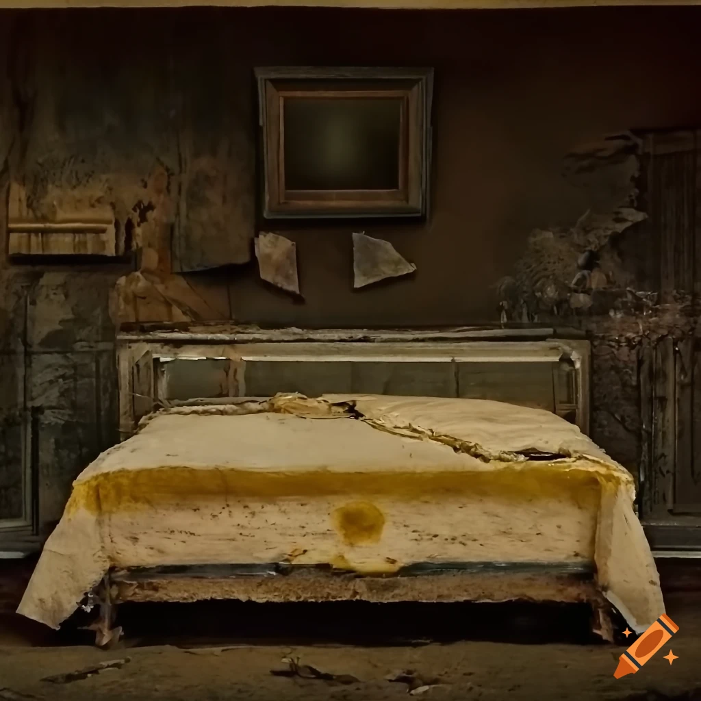 Decor of an old, dusty, and miserable room with a lit bedside lamp and ...