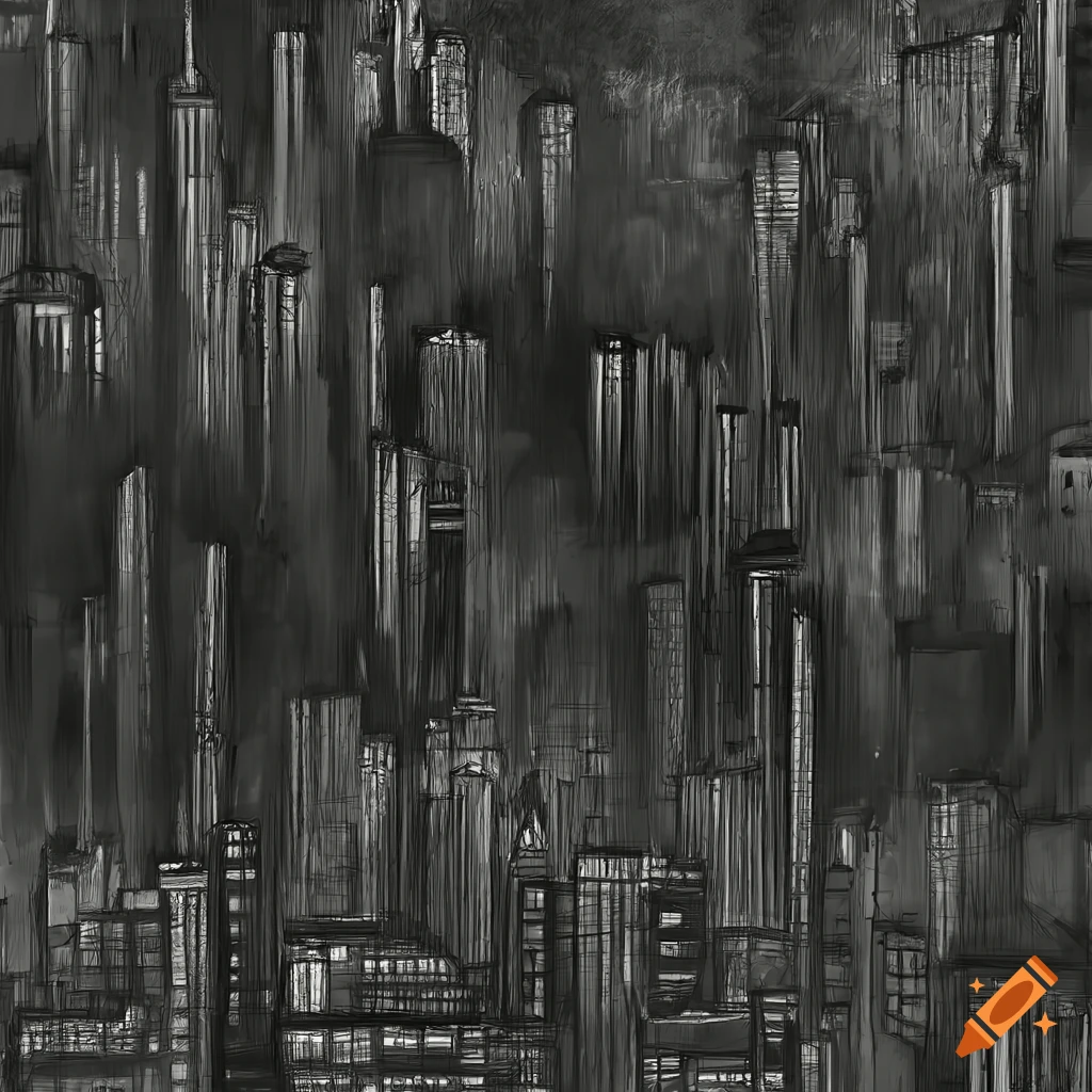 Abstract charcoal and graphite artwork of an organic city with bright ...