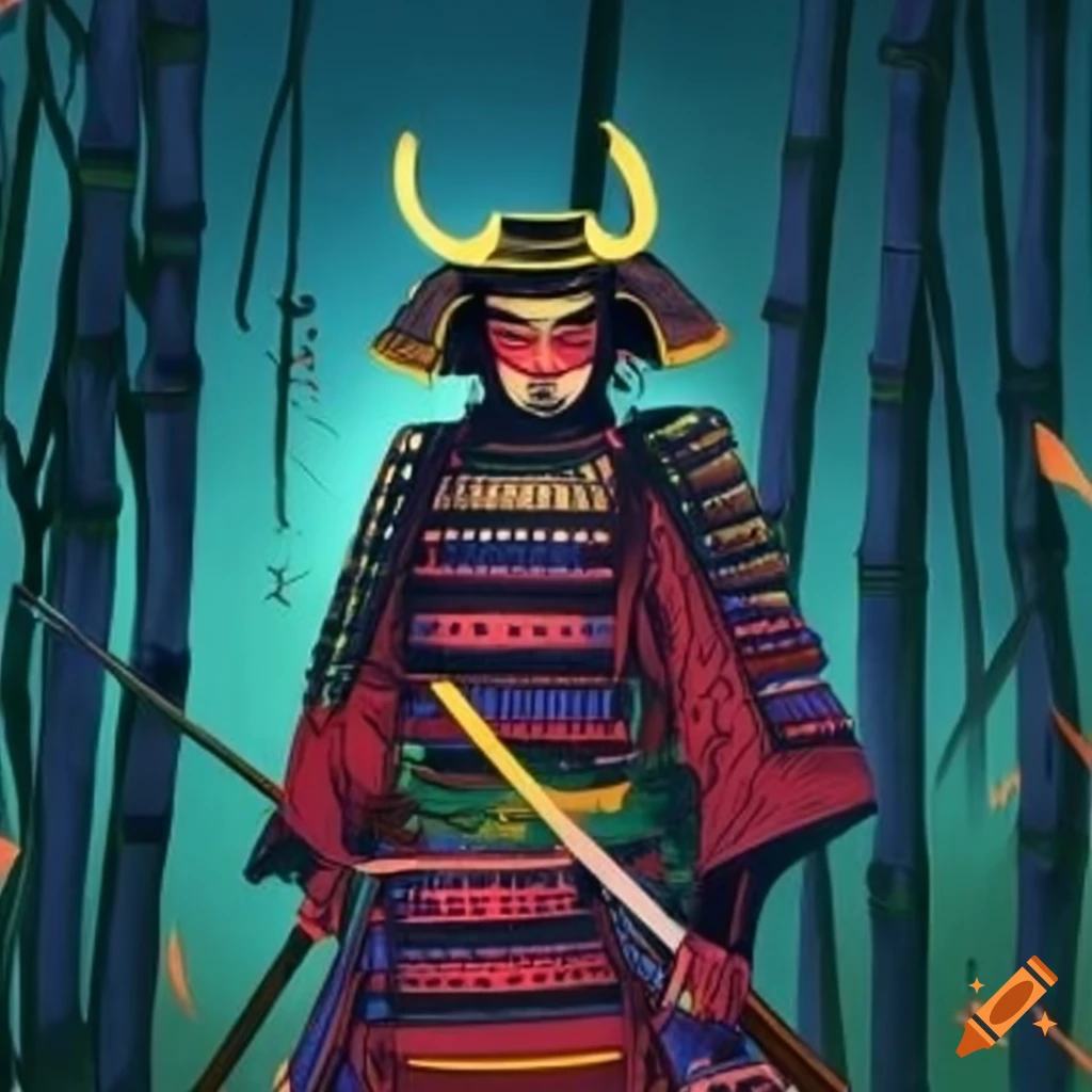 Elegant samurai among bamboo in a moonlit forest inspired by yoshitaka ...