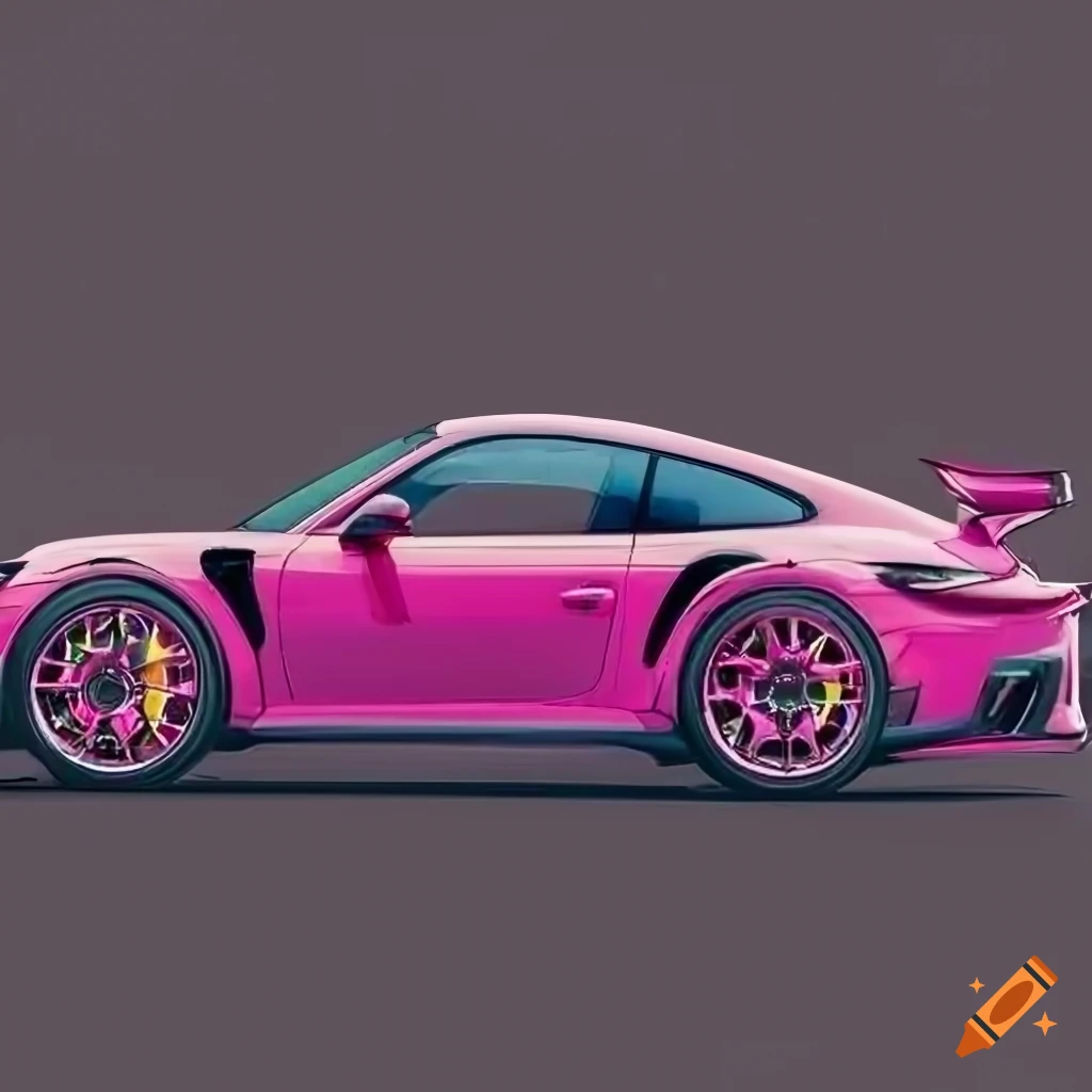 Porsche 911 GT3 RS in pink with black rims, graphic side view on Craiyon