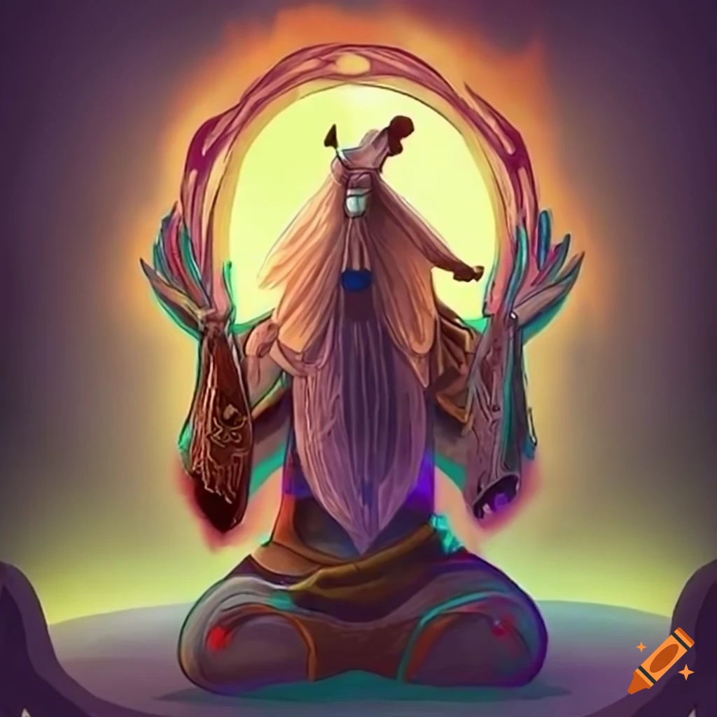 Wizard warrior meditating with falcon, a sword, bow, and arrows on Craiyon