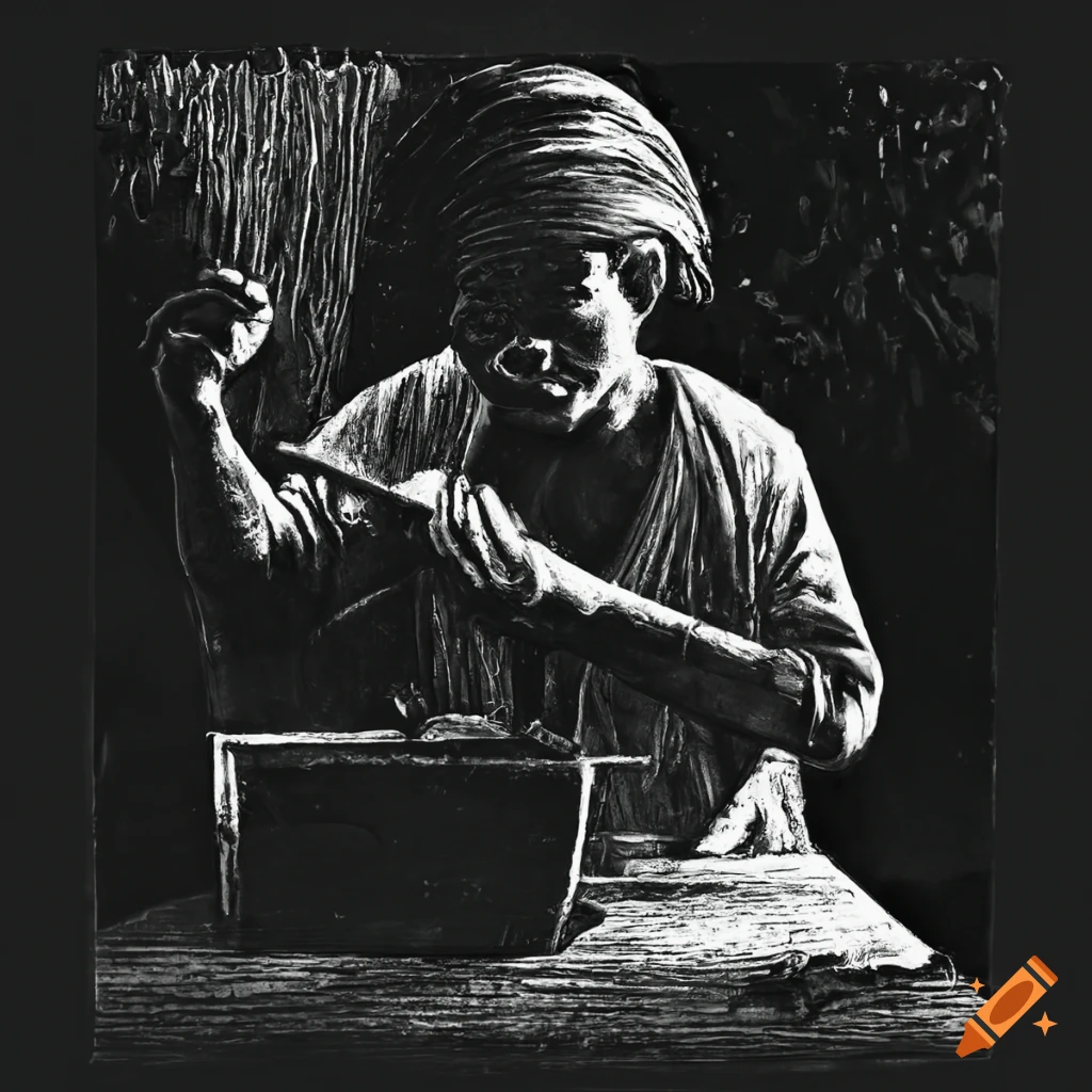 Traditional Filipino blacksmith on a postage stamp in black and white ...