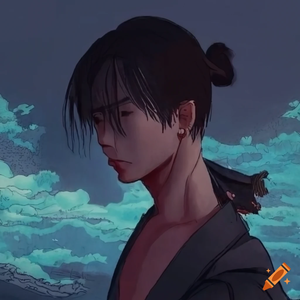 Ukiyo-e style illustration of a muscular samurai man in an ancient town ...