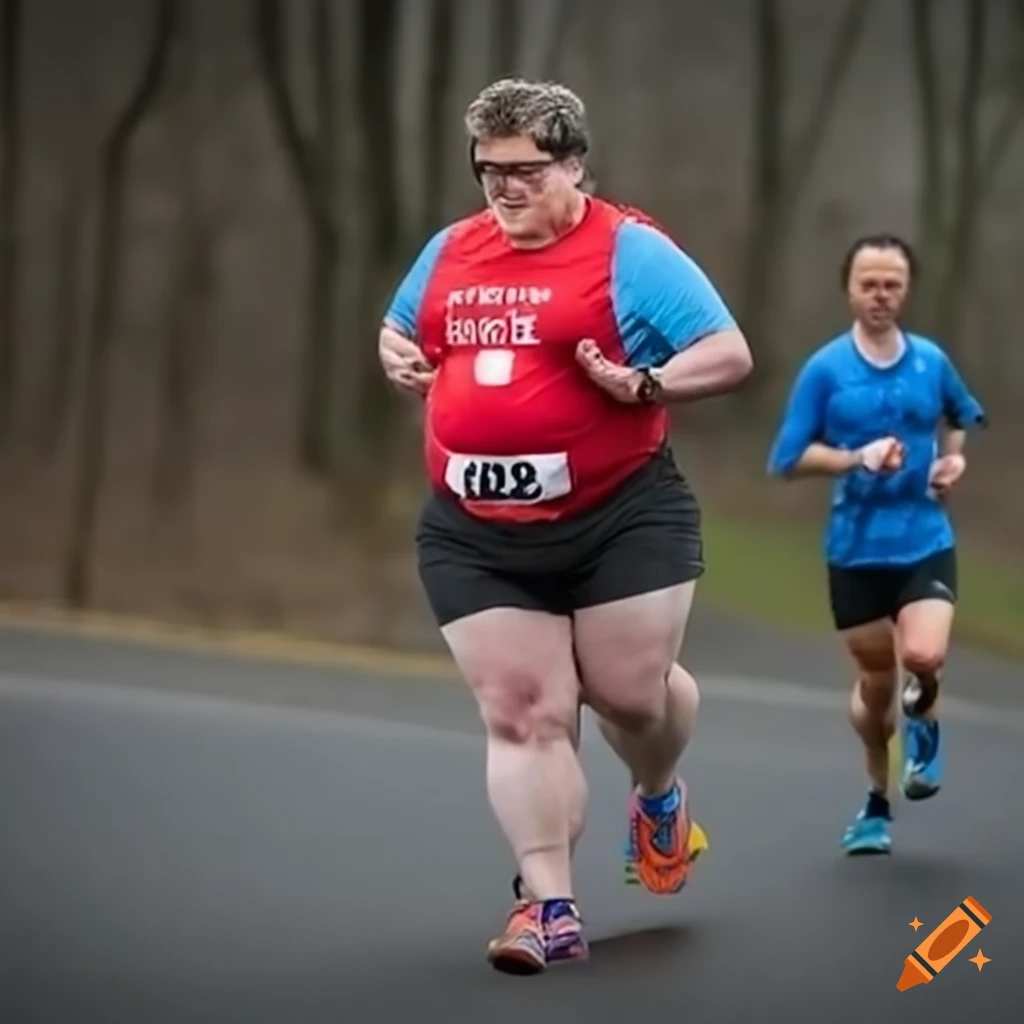 Determined overweight person running in a long-distance race on Craiyon