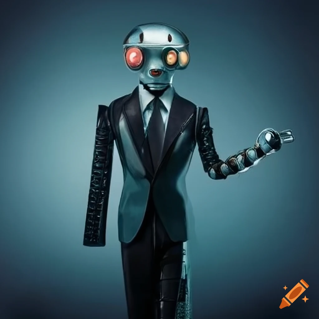 Retro-futuristic robots in 1920s attire and setting on Craiyon