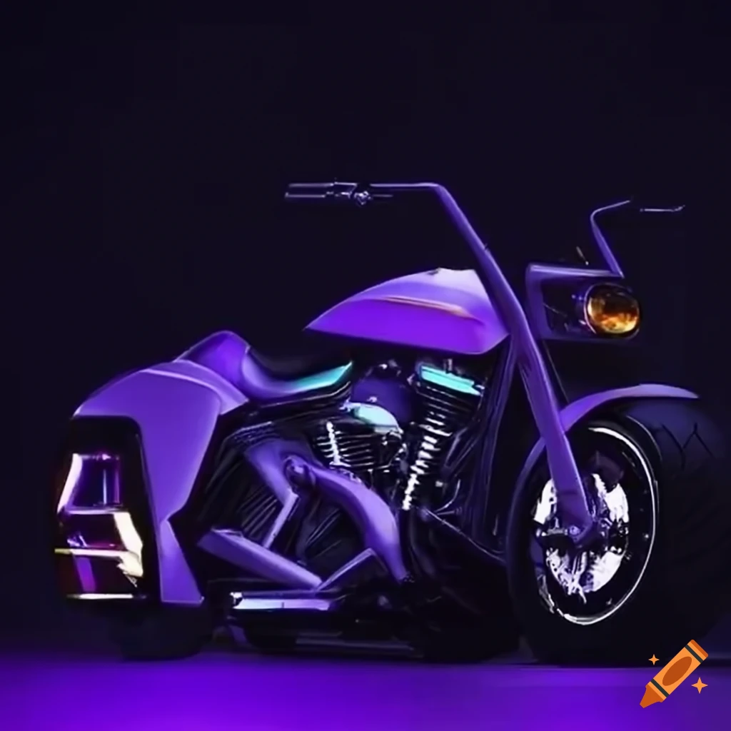 Futuristic dark purple Harley Davidson-style motorcycle with yellow LED ...