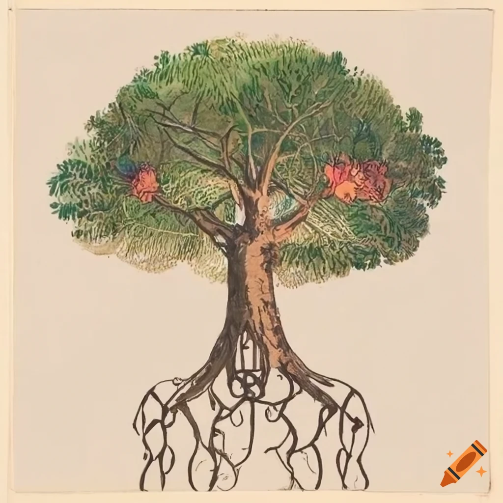 Tree with deep roots and a bird perched on a branch, birdcage ...