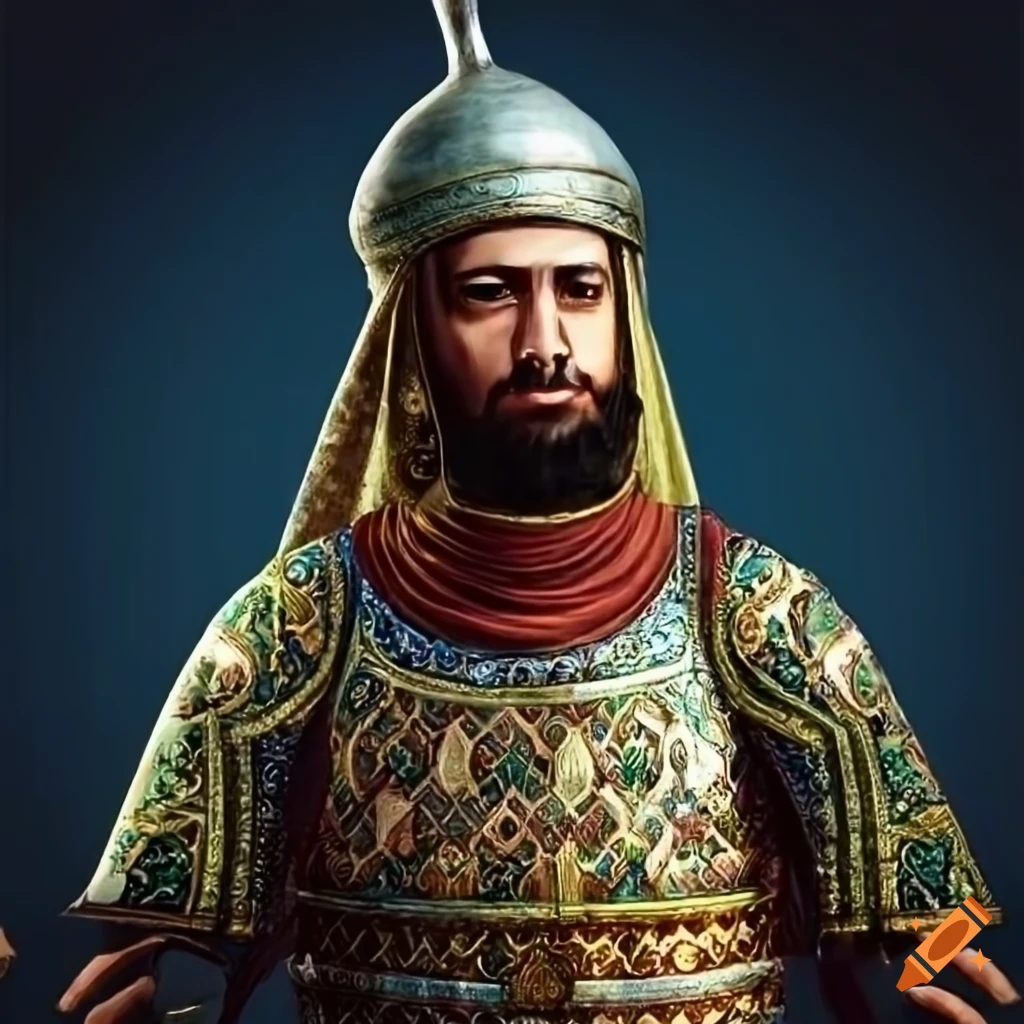 Medieval emir in ornate islamic robes with a sword in front of a zengid ...