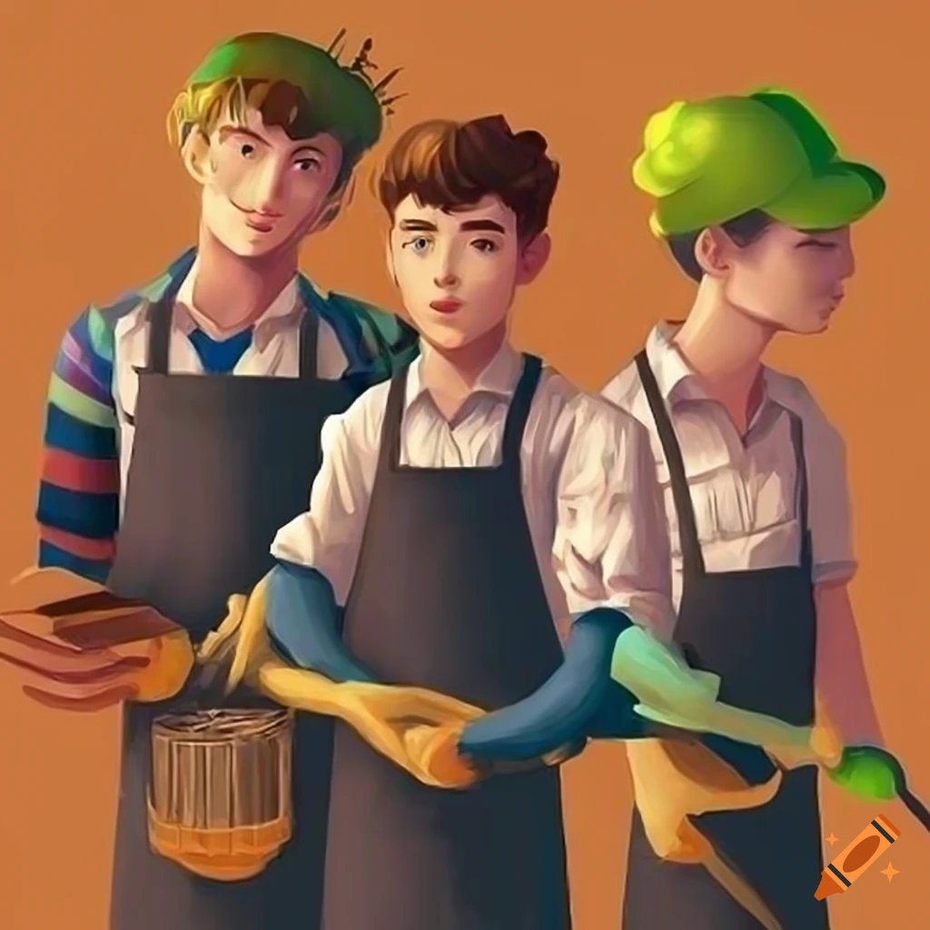 Three young male gardeners at work in a digital art style on Craiyon