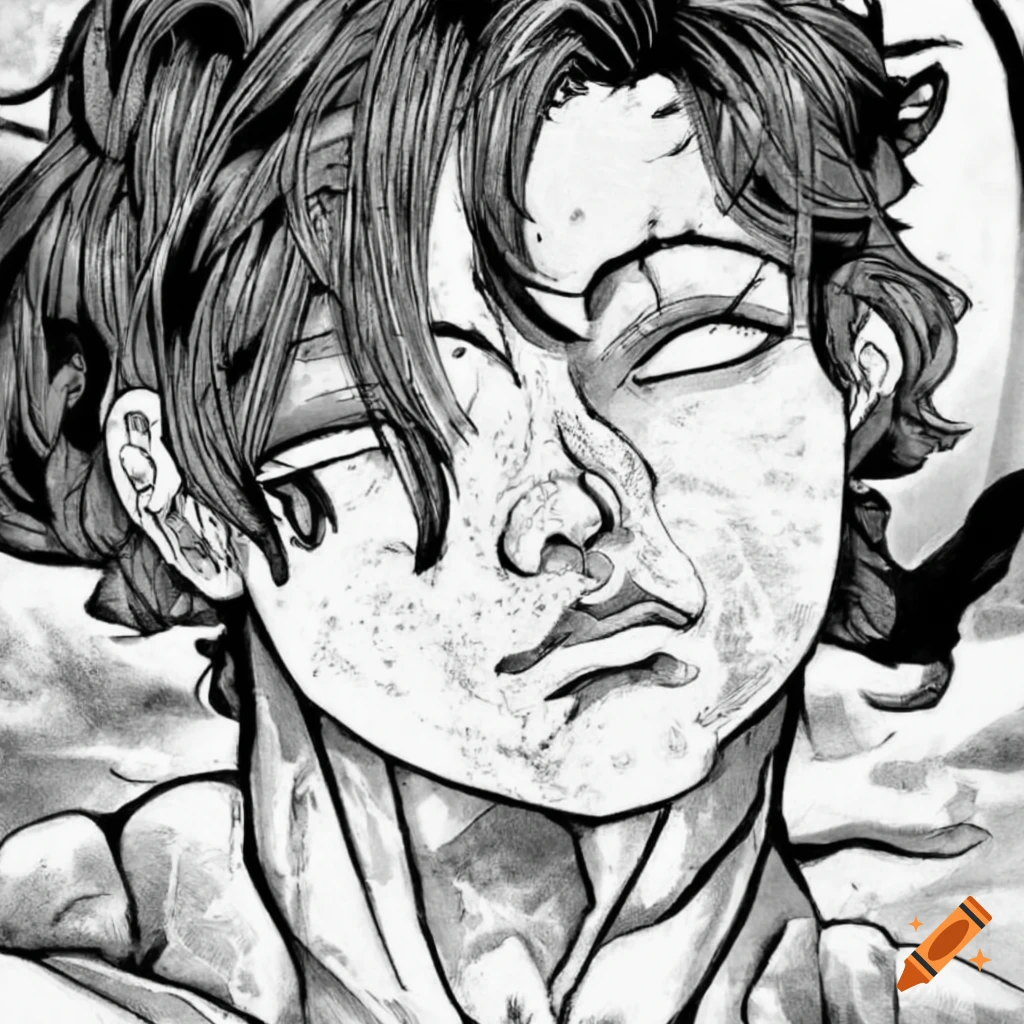 Muscular Baki character in manga style with middle-parted brown hair ...