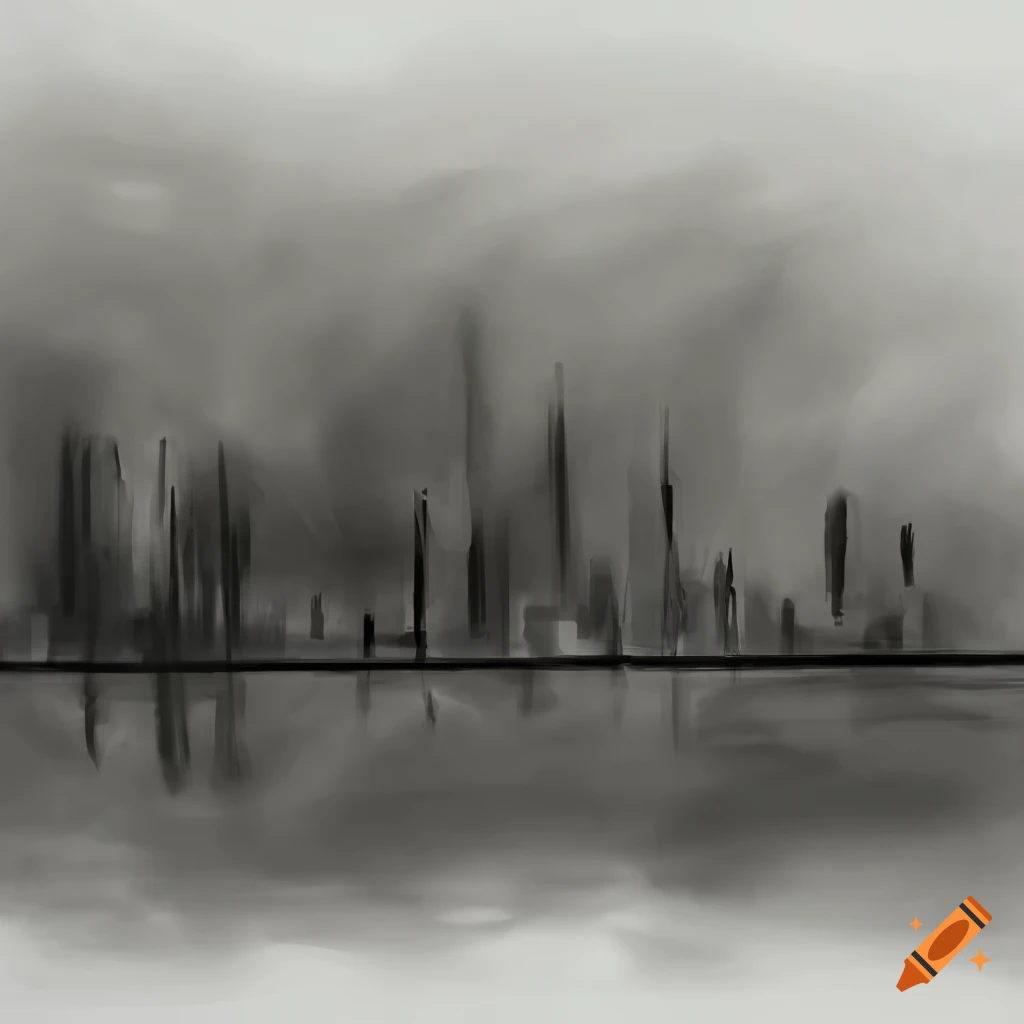 Abstract charcoal and graphite artwork of a city with bright flaring ...