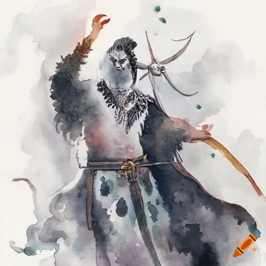 Wizard warrior meditating with falcon, sword, bow and arrows on Craiyon