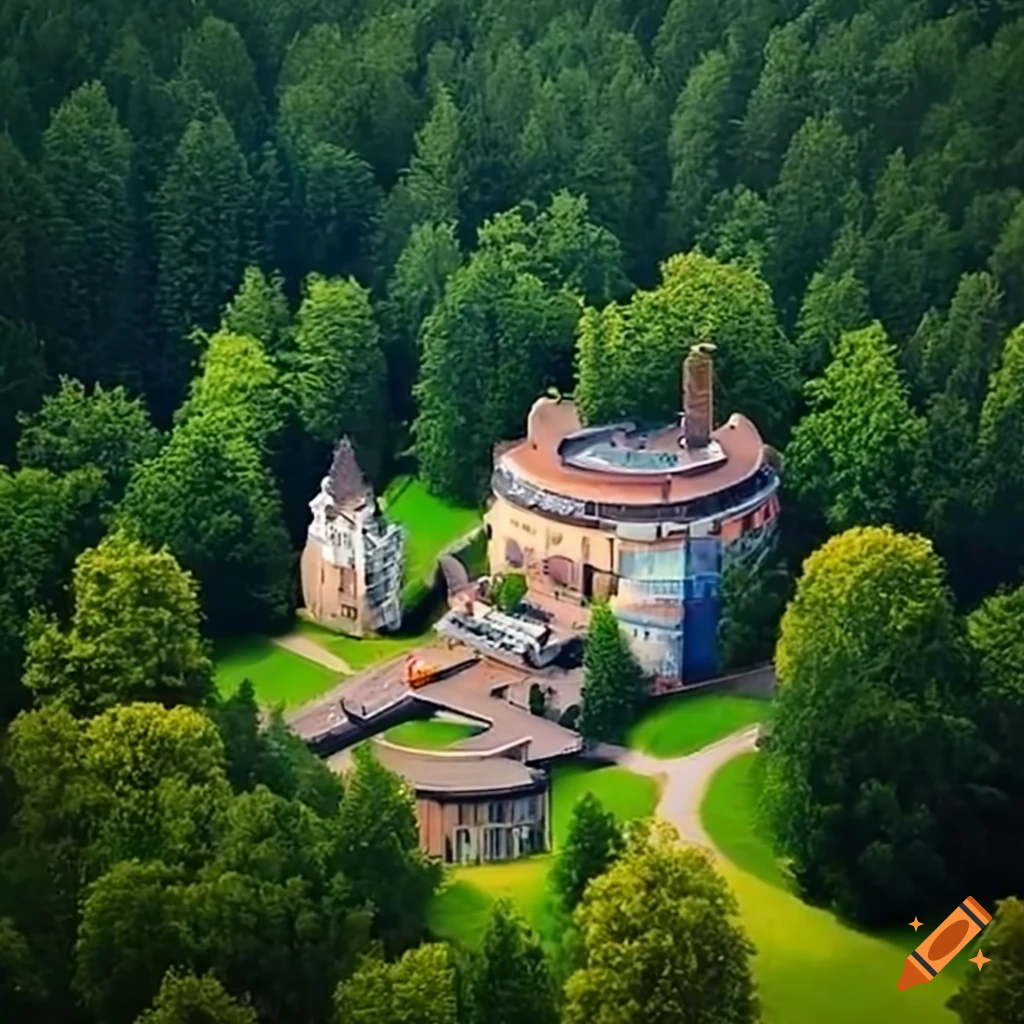 Modern hospital surrounded by woods, trees, and ponds with a green ...