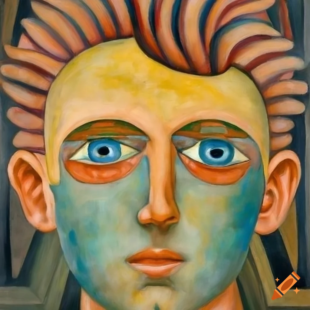 Portrait of a man with 4 eyes in diego rivera style with circle motifs ...