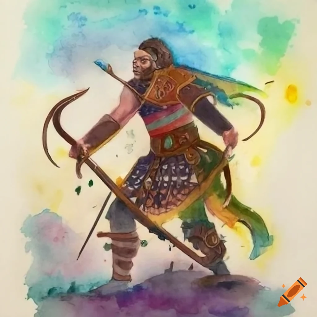 Wizard warrior in meditation with falcon, sword, bow, and arrows on Craiyon