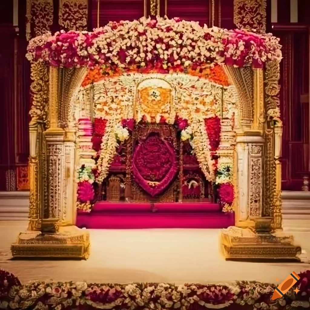 Hindu wedding mandapam adorned with cherry blossom and other flowers ...