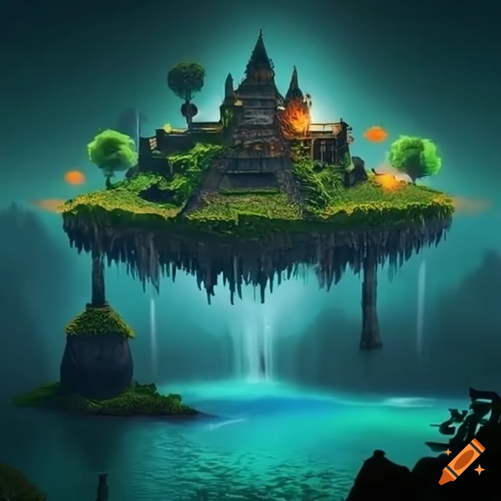 Floating island with medieval village surrounded by lush greenery and ...