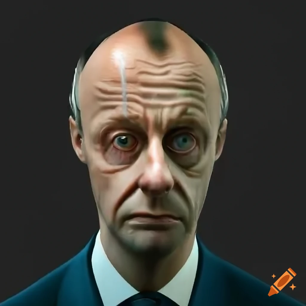 Frightening image of a tall, pale, wrinkled politician staring grumpily ...