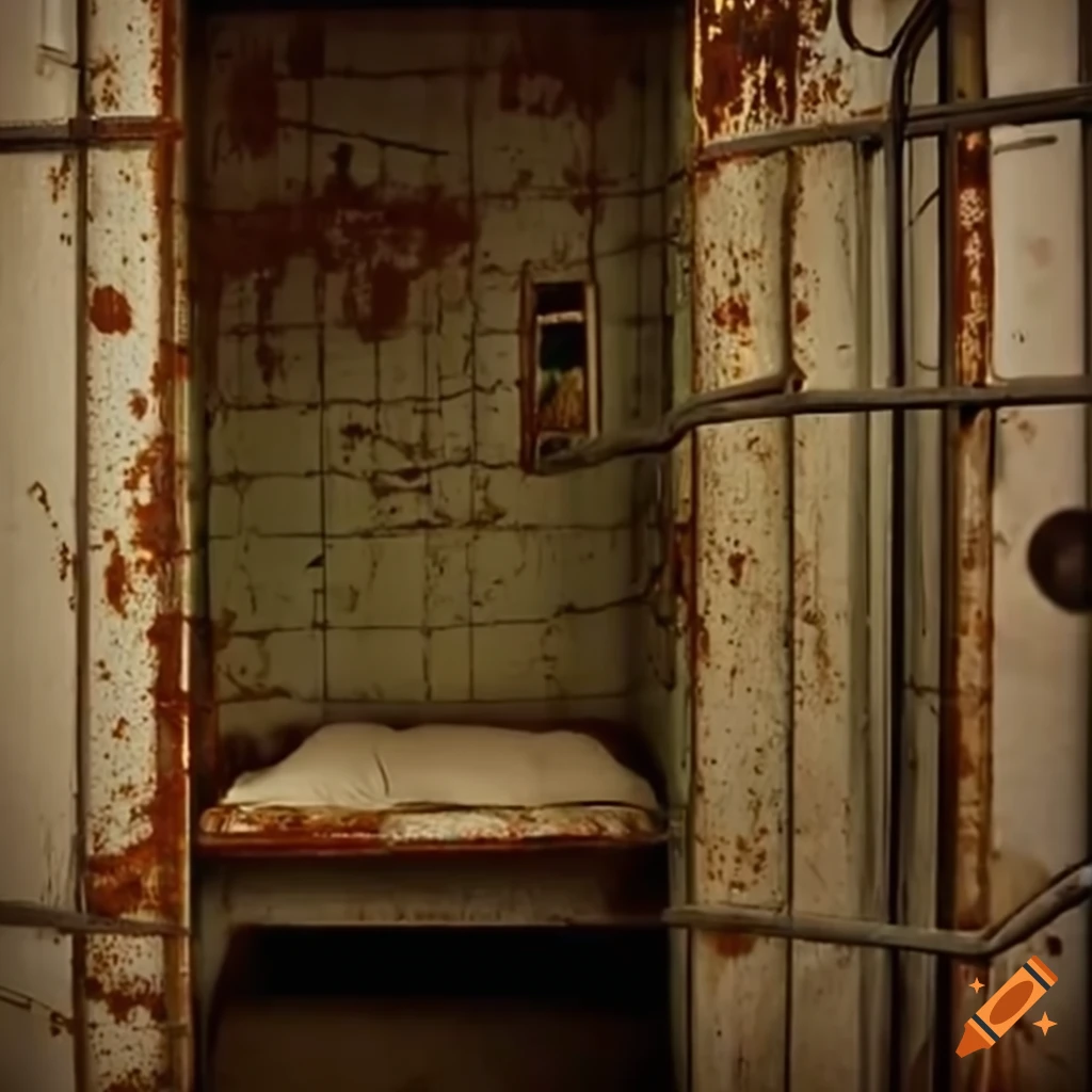 Prison cell decor with bed, rusty shower, bars, microwave, and tv in a ...